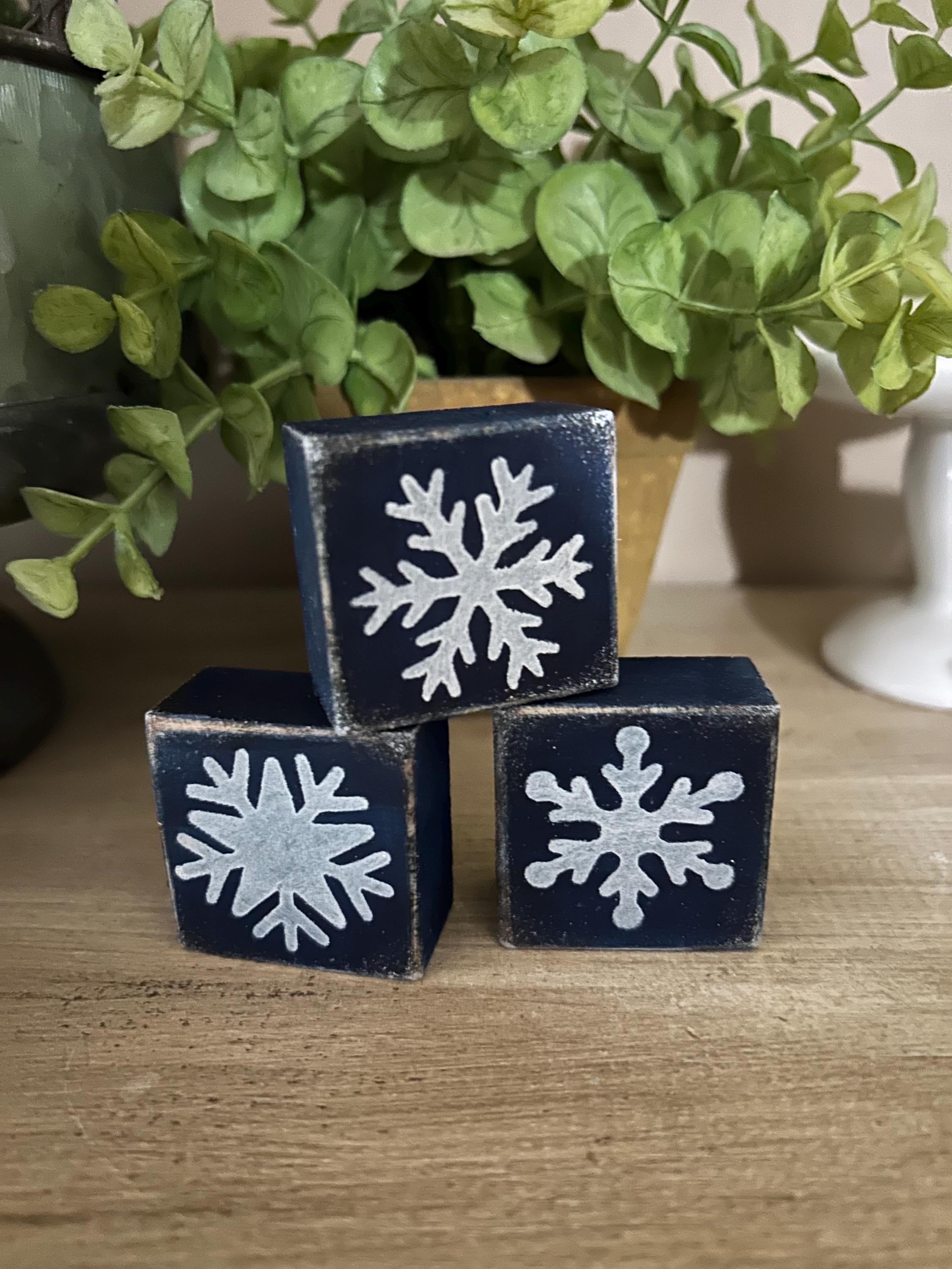 Snowflake Mini Wooden Block Set 3 Christmas Winter Tiny Tier Tray Decor ...