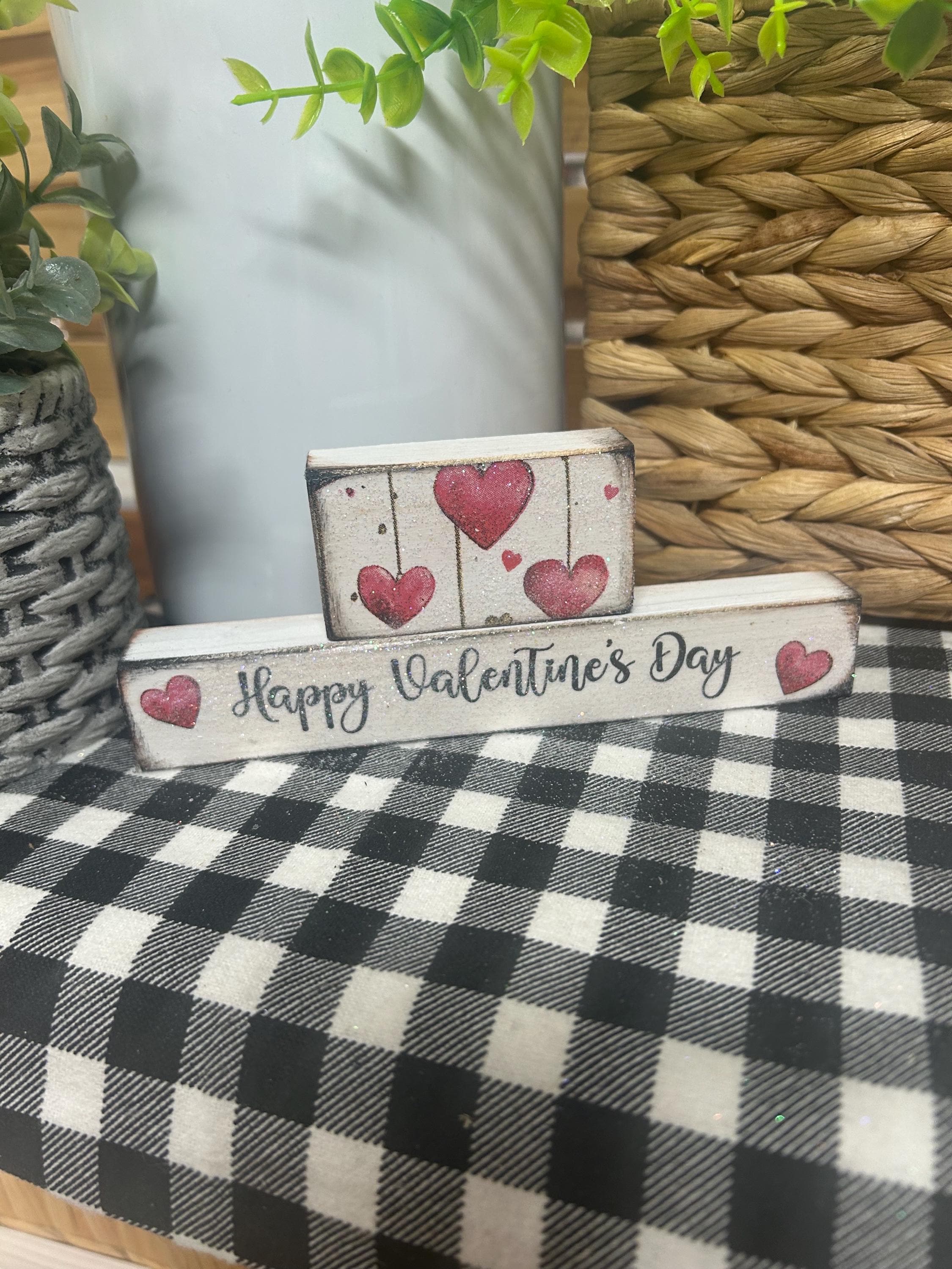 Happy Valentine’s Day Hanging Pink Hearts Thick Wood Stacking Blocks ...
