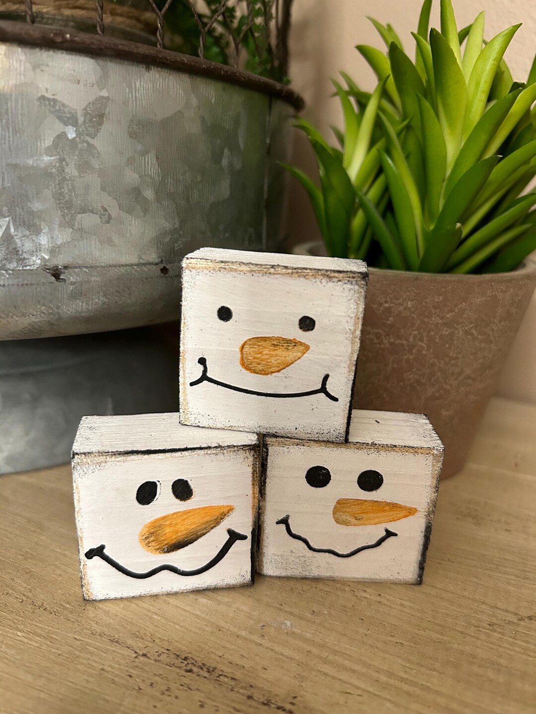 Snowman Faces Mini Wooden Block Set 3 Christmas Winter Tiny Tier Tray ...