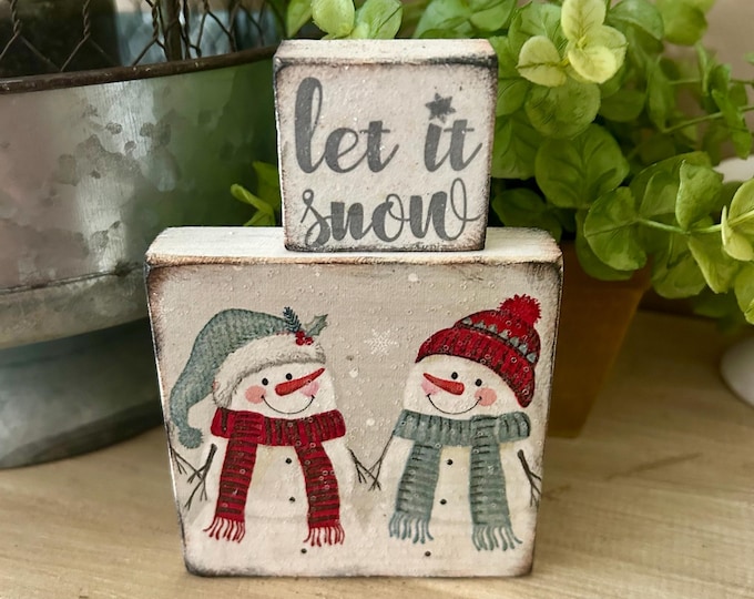 Snowman Let It Snow Mini Wooden Block Set :christmas Tiny Tier Tray ...