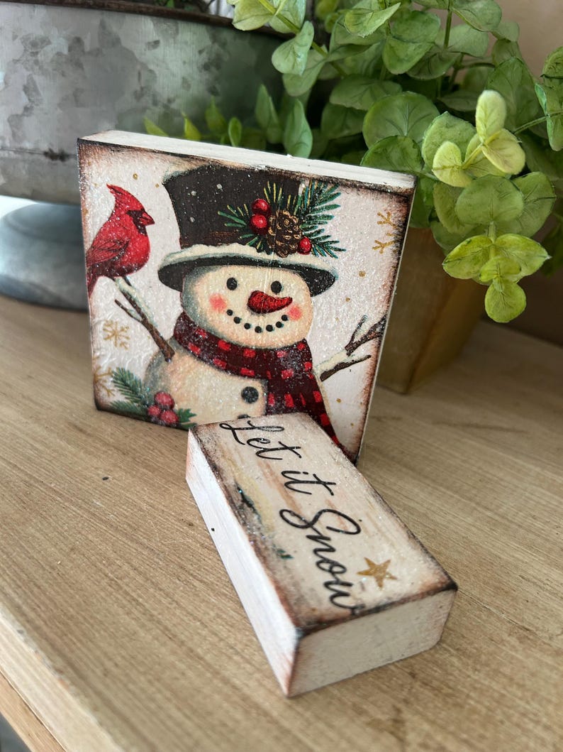 Snowman Let It Snow Mini Wooden Block Set :christmas Tiny Tier Tray ...