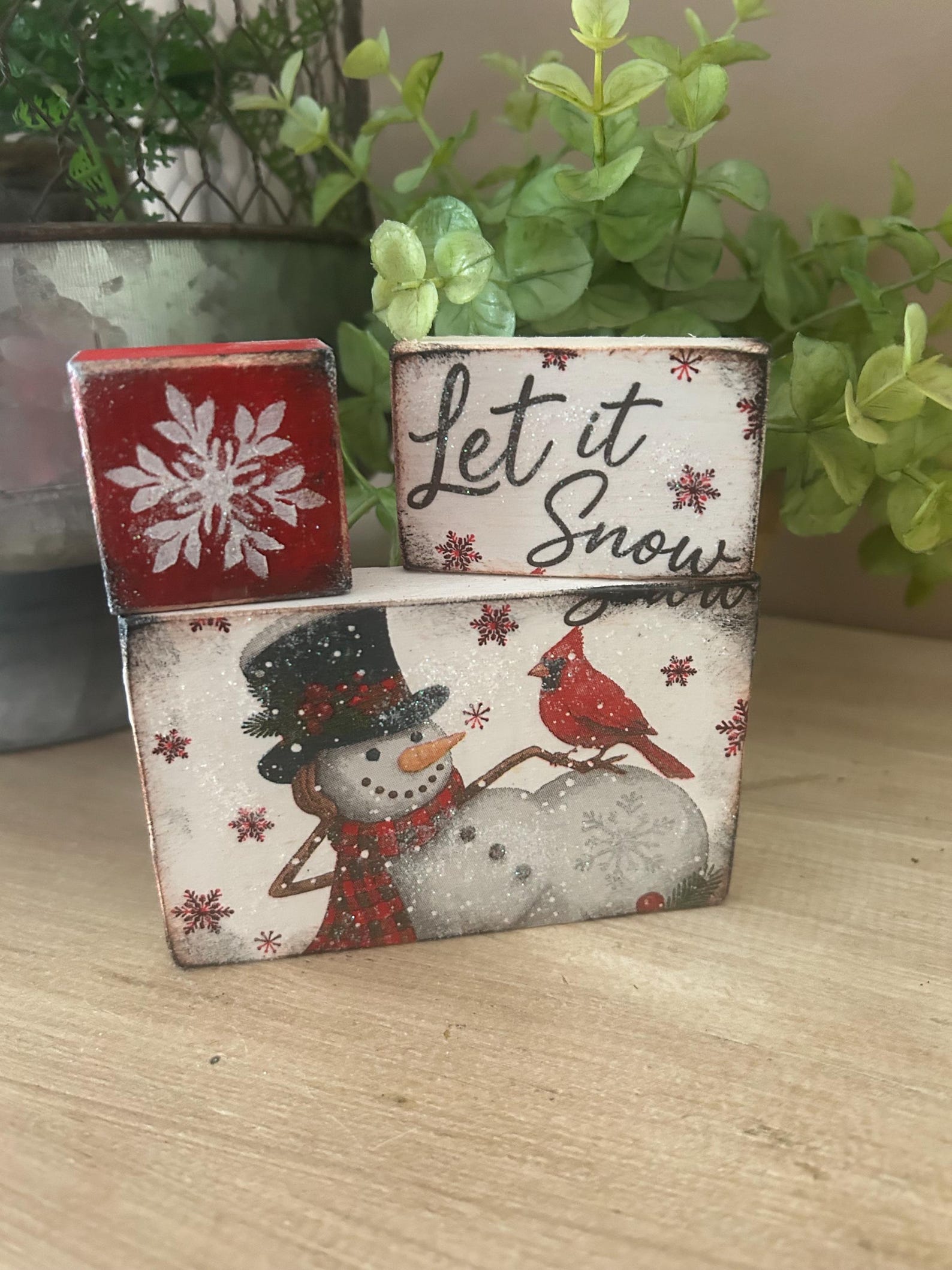 Let It Snow Snowman Mini Wooden Block Set 3 Christmas Tiny Tier Tray ...