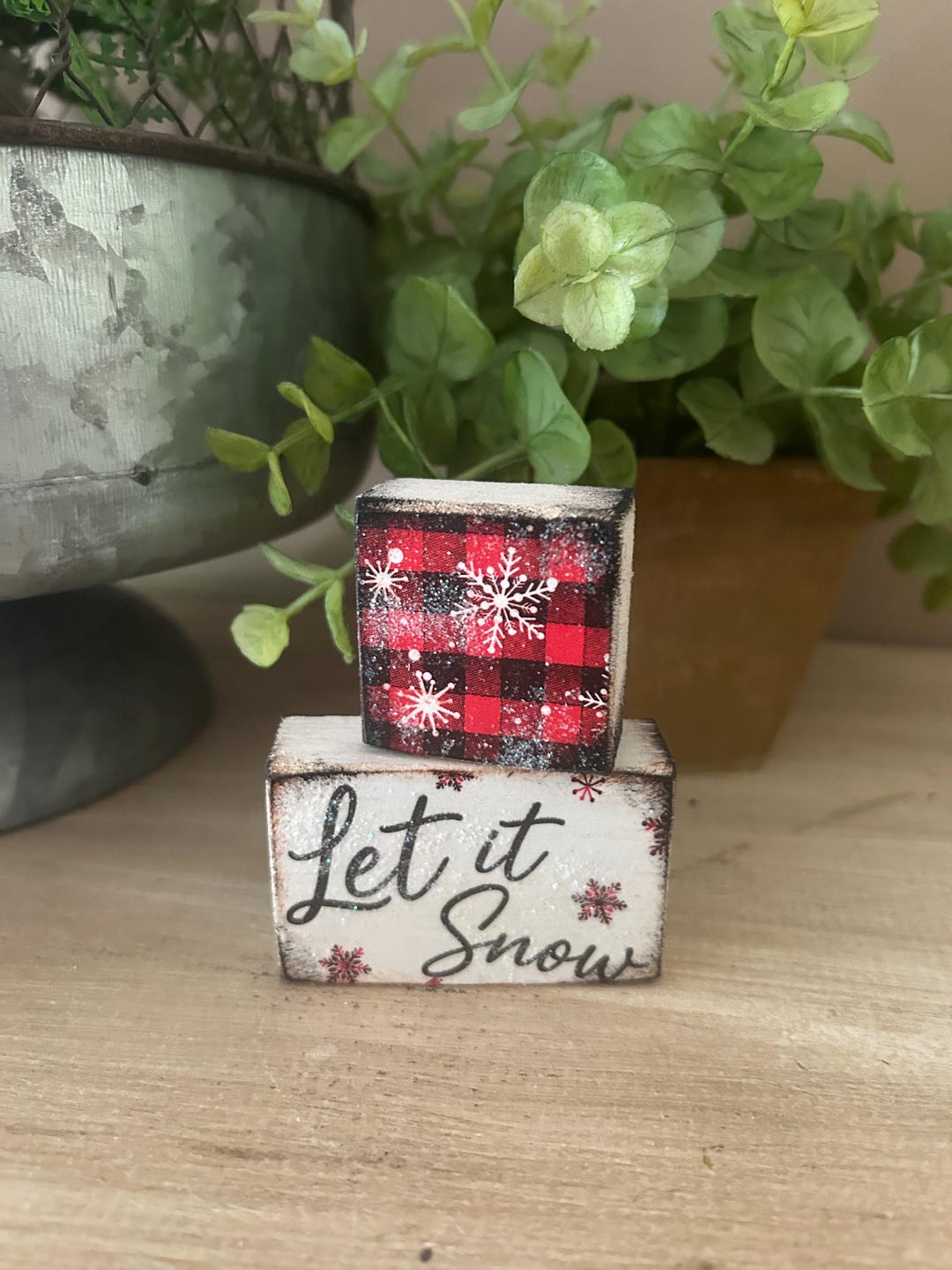 Let It Snow Mini Wooden Block Set 2 Christmas Tiny Tier Tray Decor - Etsy
