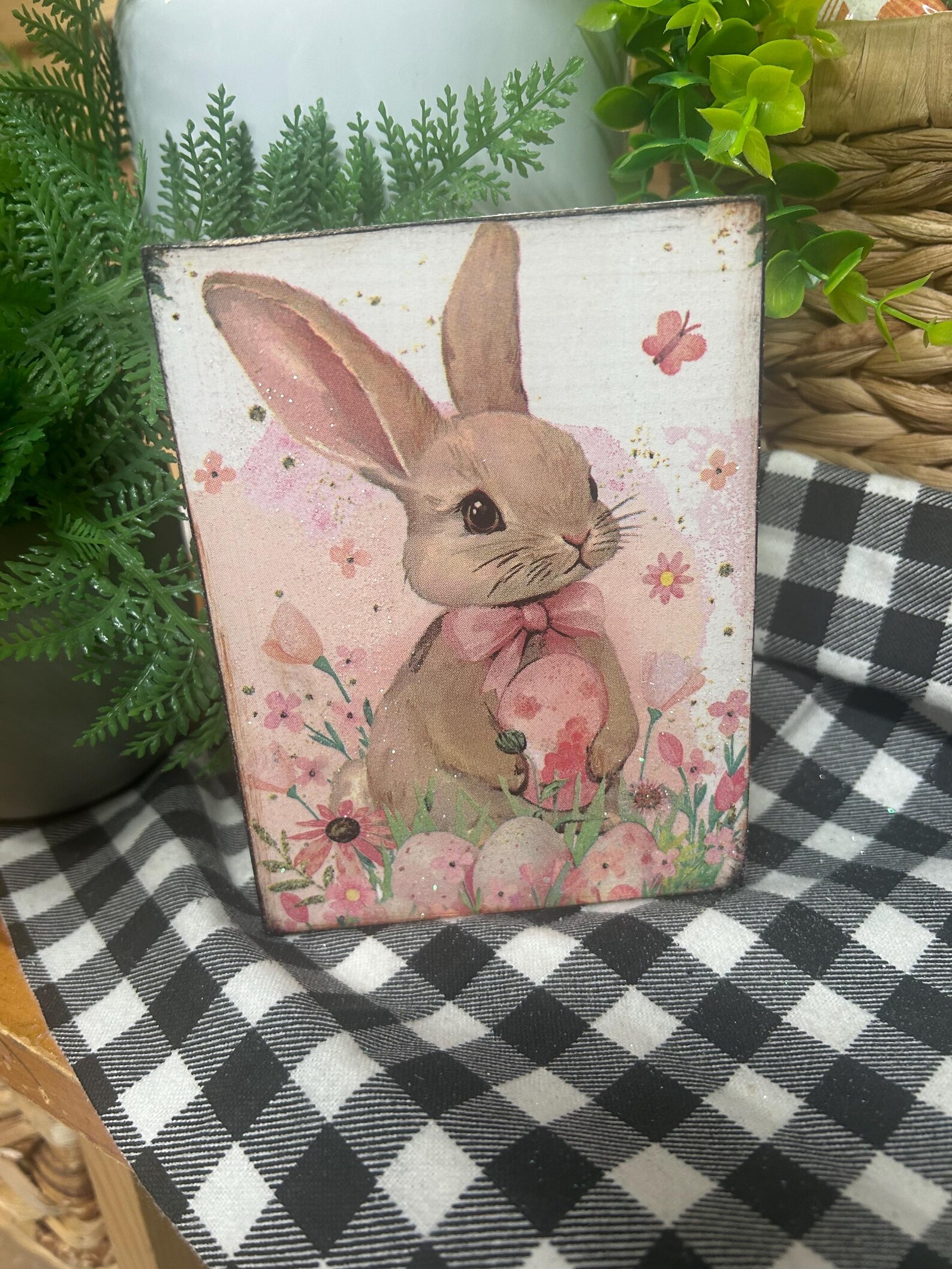 Spring Pink Bunny Rabbit With Easter Eggs Wood Block Sign - Etsy