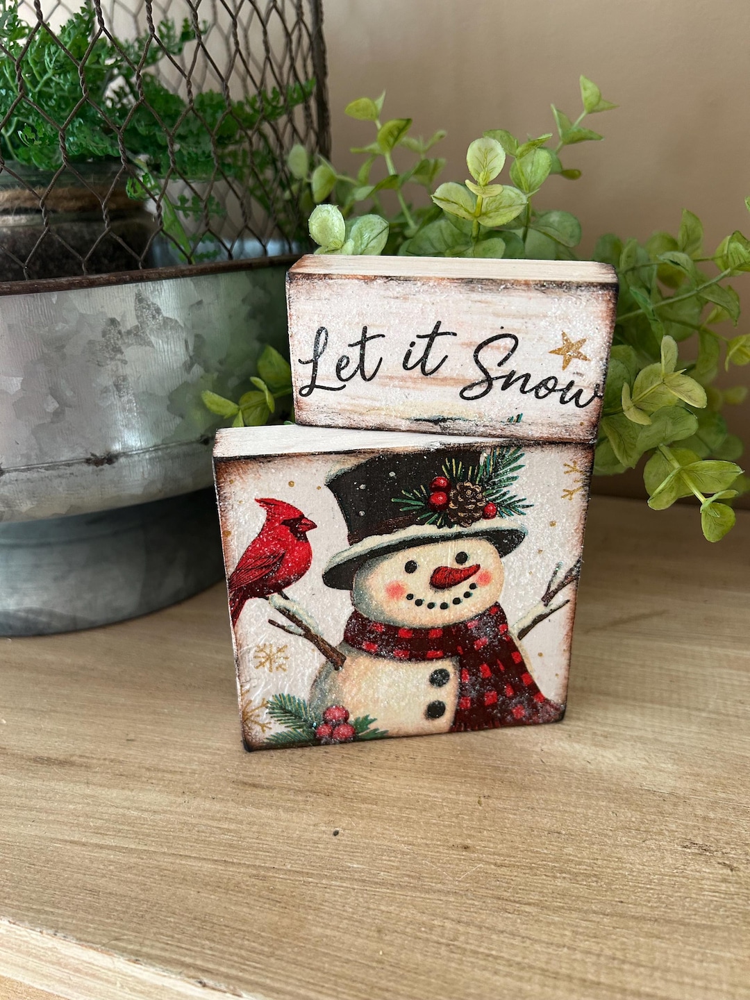 Snowman Let It Snow Mini Wooden Block Set :christmas Tiny Tier Tray ...