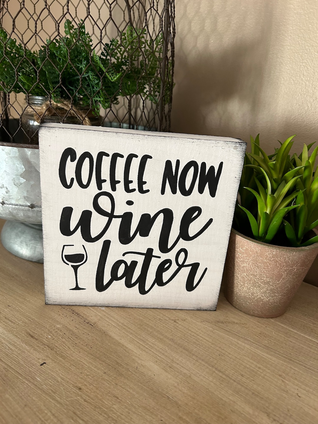 Coffee Now Wine Later Tiered Tray Kitchen Home Decor Wooden Block Sign ...