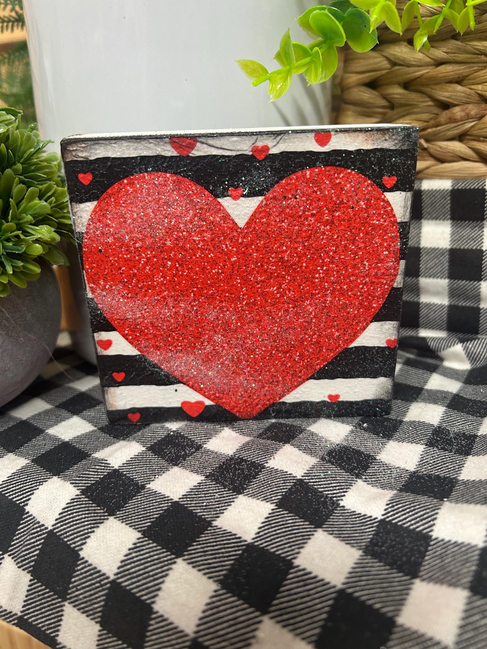 Black White Red Stripe Heart Valentine Mini Thick Wood Stacking Block ...