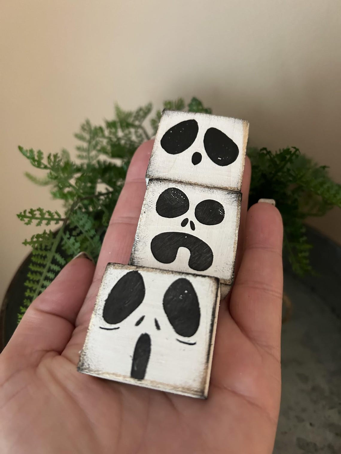 Ghost Faces Mini Blocks Set of 3 Halloween Tiny Wood Decor Tier Tray ...