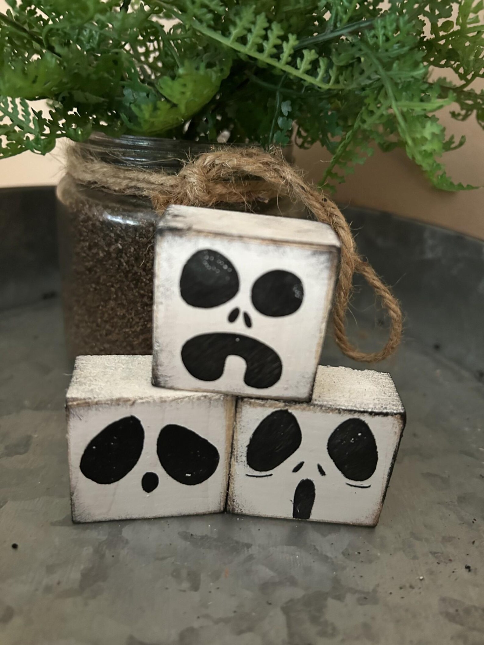 Ghost Faces Mini Blocks Set of 3 Halloween Tiny Wood Decor Tier Tray ...