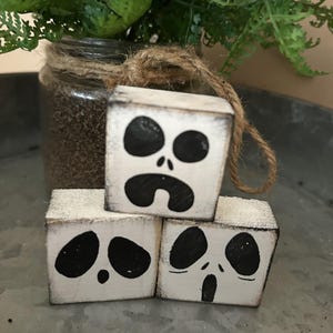 Ghost Faces Mini Blocks Set of 3 Halloween Tiny Wood Decor Tier Tray ...