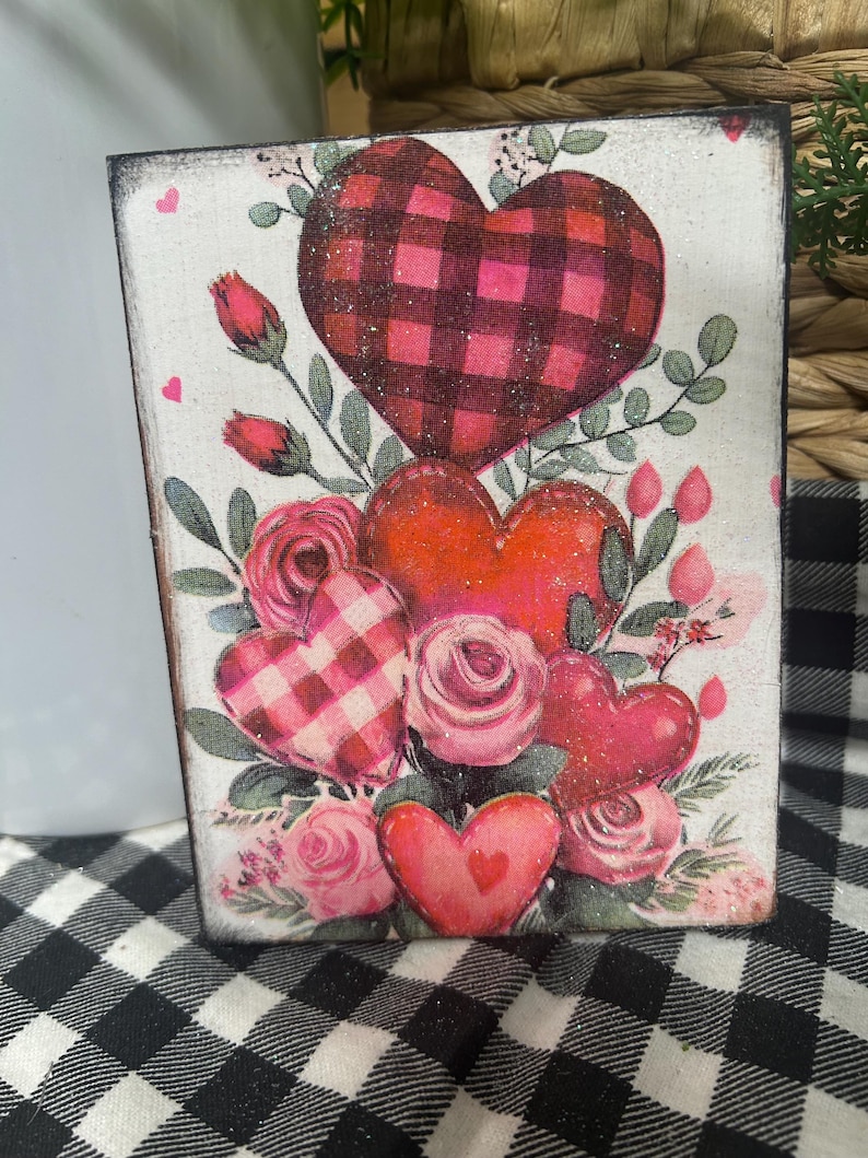 Pink Roses Hearts Valentines Day Standing Wood Stacking Block Signs ...