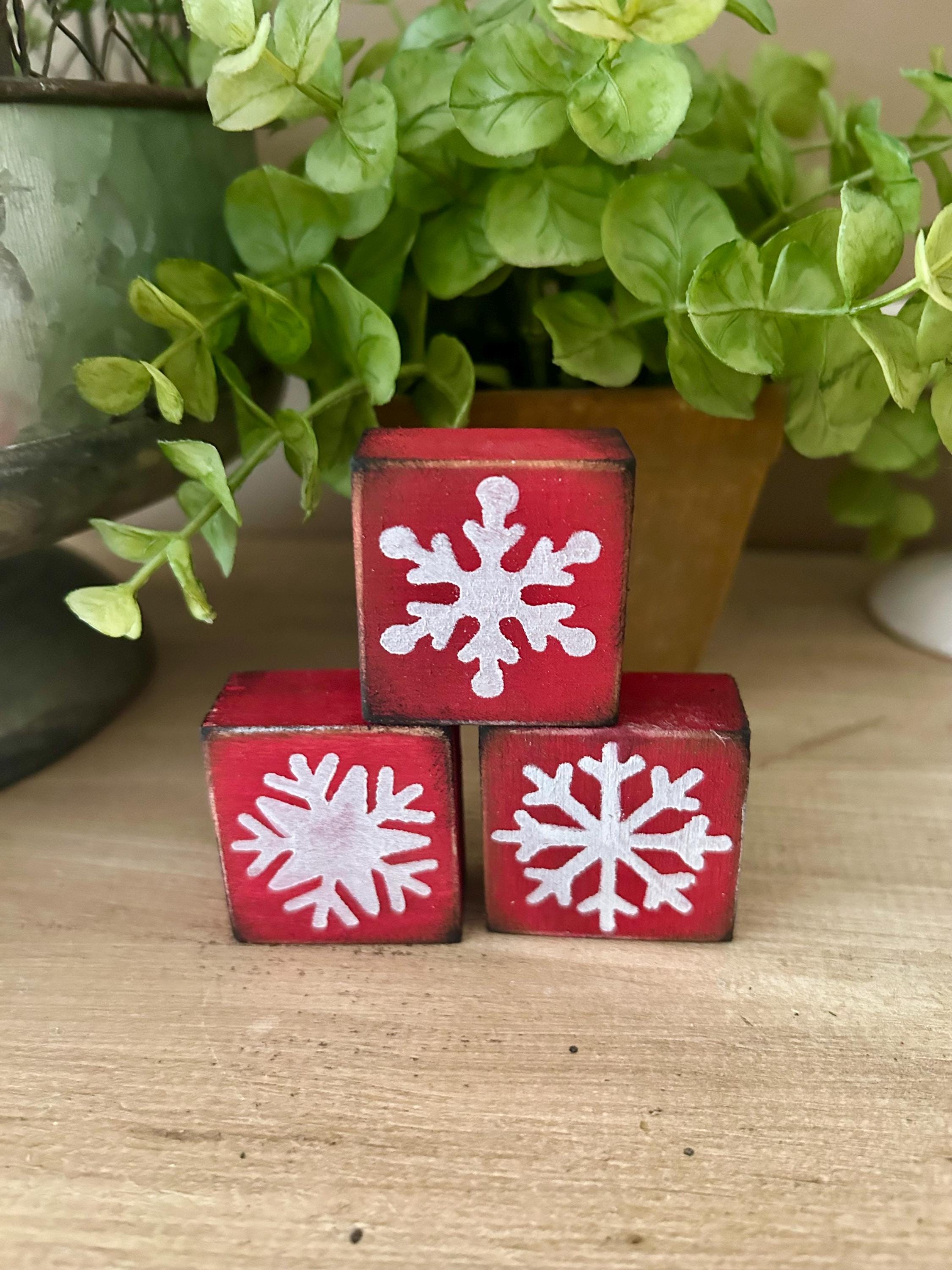 Snowflake Mini Wooden Block Set 3 Christmas Winter Tiny Tier Tray Decor ...
