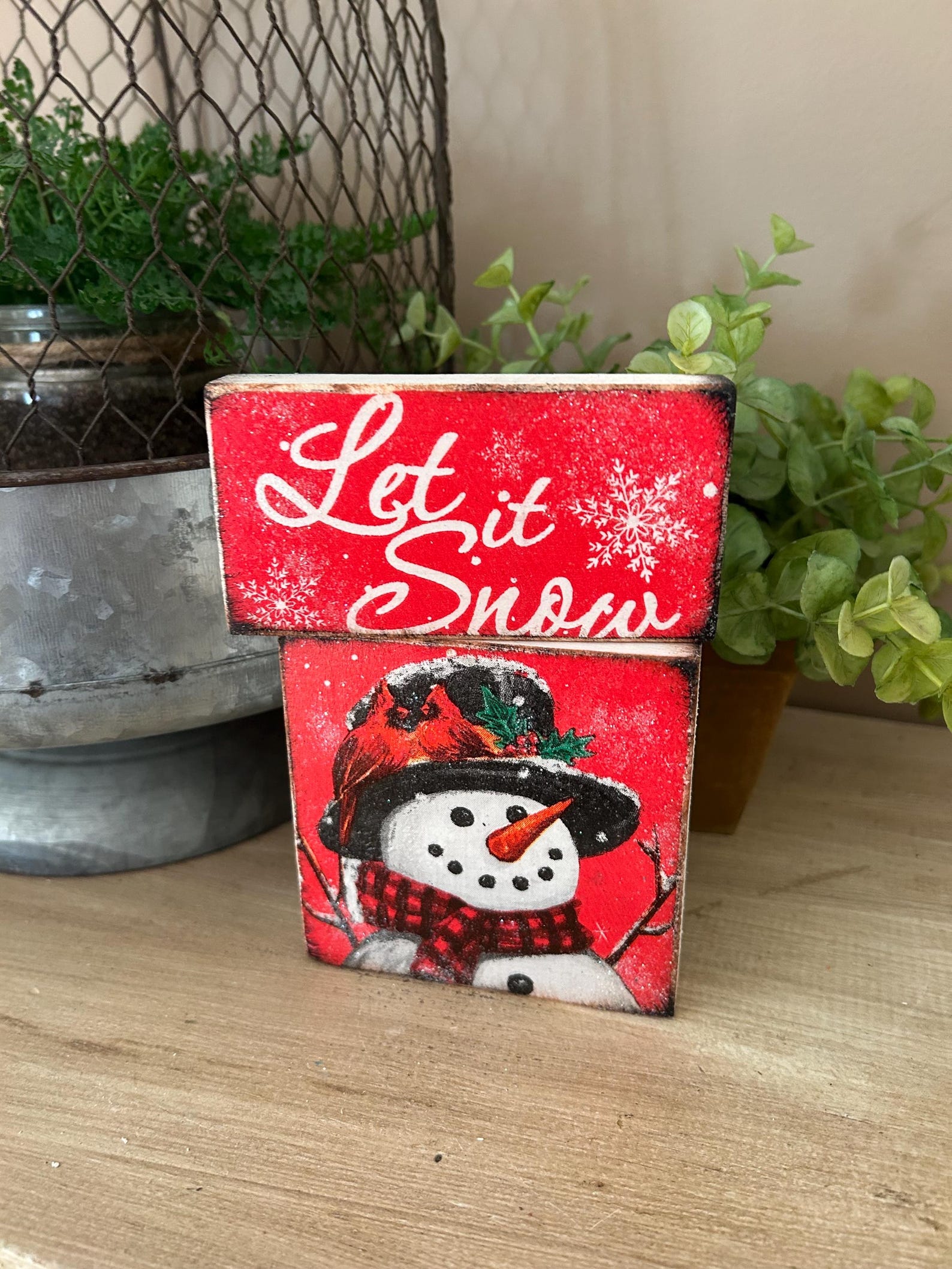 Snowman Let It Snow Mini Wooden Block Set :christmas Tiny Tier Tray ...