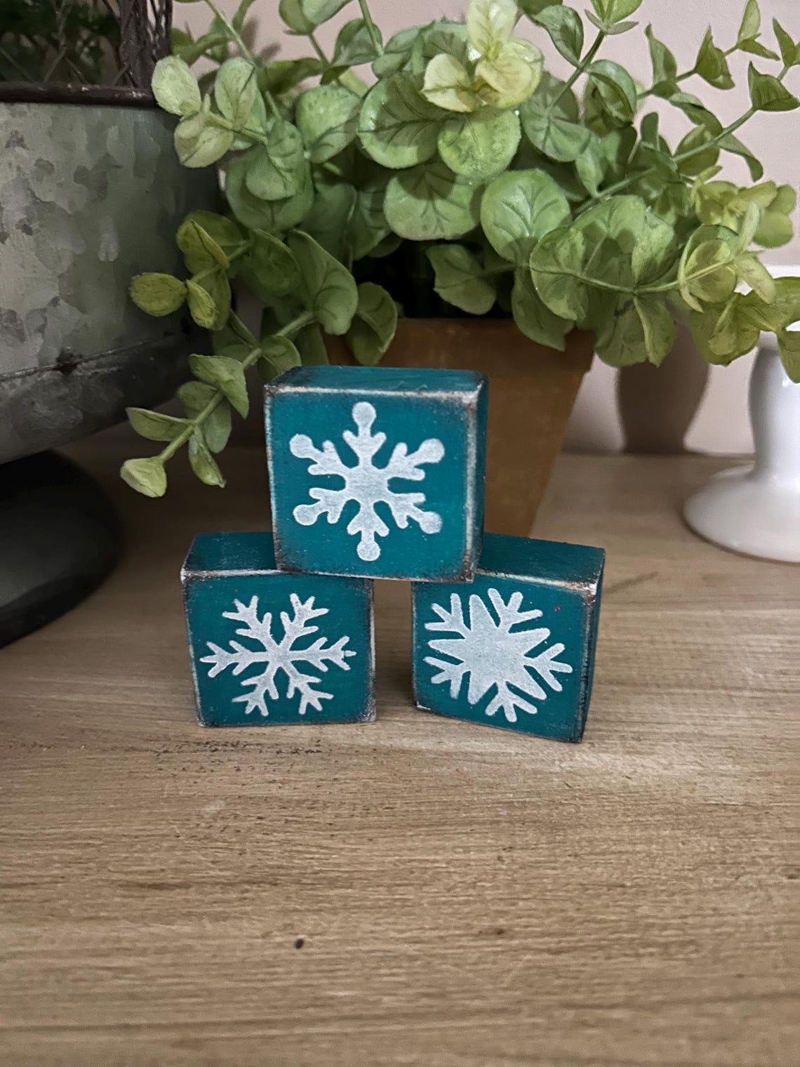 Snowflake Mini Wooden Block Set 3 Christmas Winter Tiny Tier Tray Decor ...