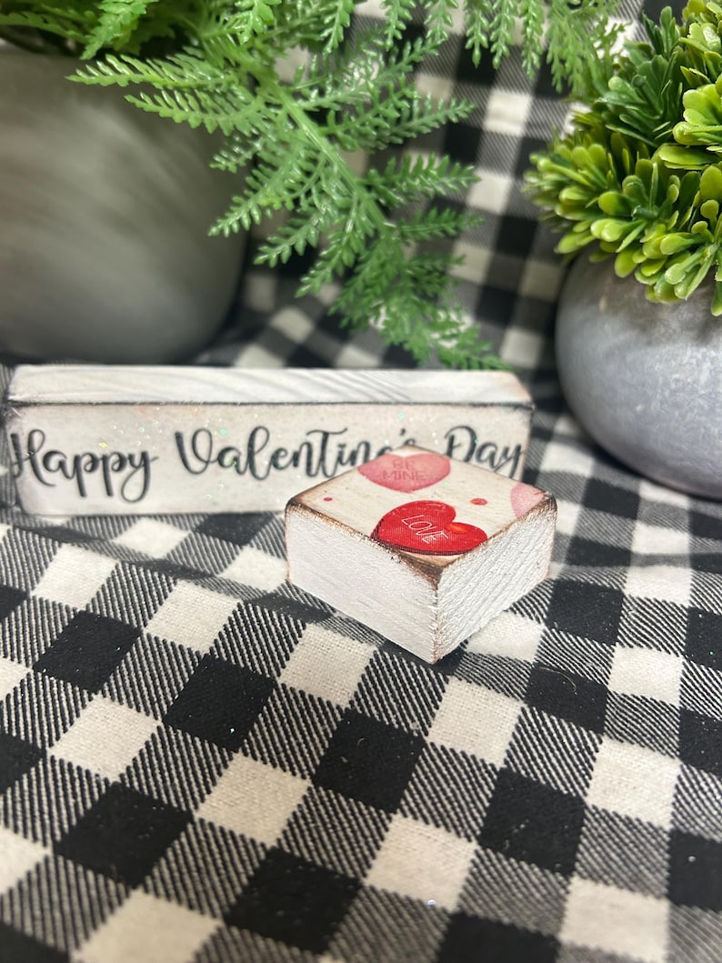 Happy Valentine’s Day Hanging Pink Hearts Thick Wood Stacking Blocks ...