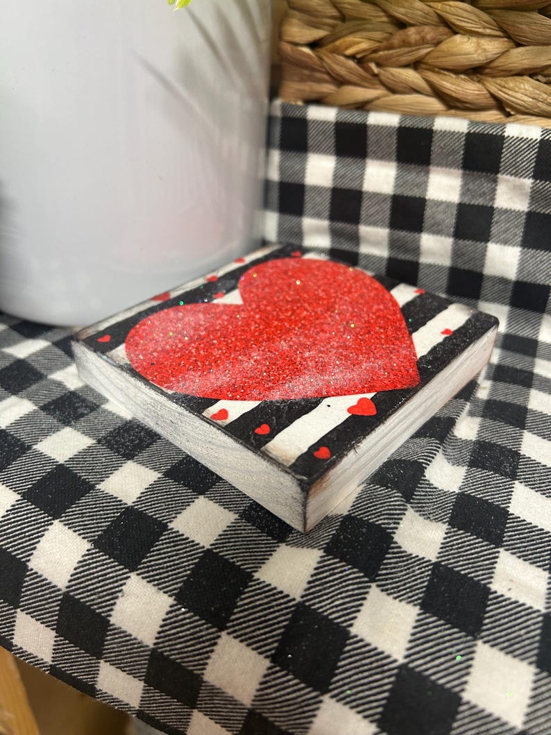 Black White Red Stripe Heart Valentine Mini Thick Wood Stacking Block ...