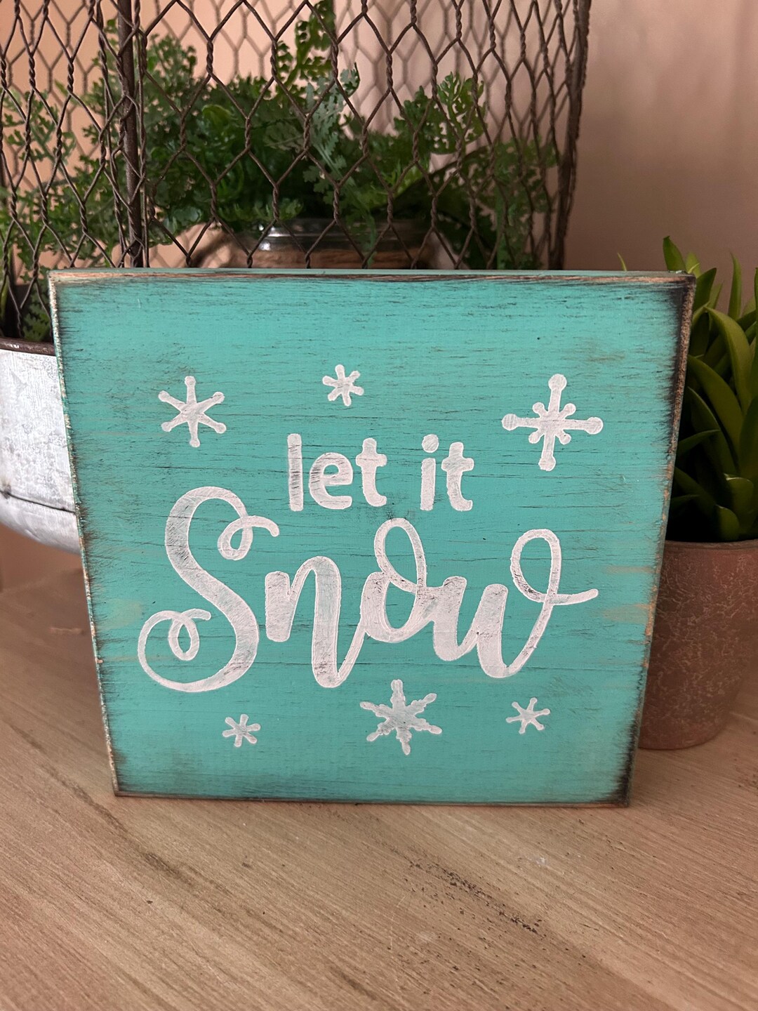 Let It Snow Winter Aqua Blue White Snowflake Rustic Tier Tray Decor ...