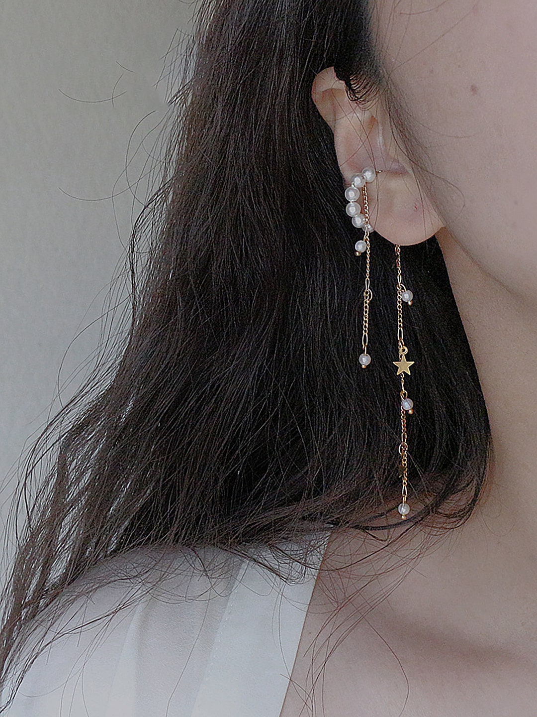 Star Ear Cuffs Chain, Dangle Chain Tassel Pearl Ear Cuffs, Ear Climber ...