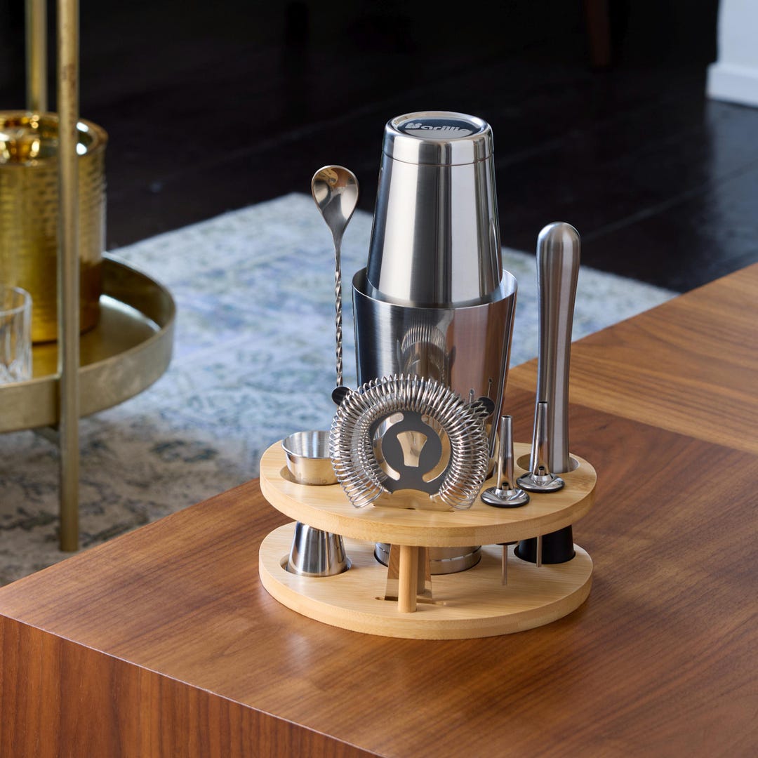 Bartender Kit With Bamboo Stand: Stainless Steel Cocktail Shaker Set - Etsy