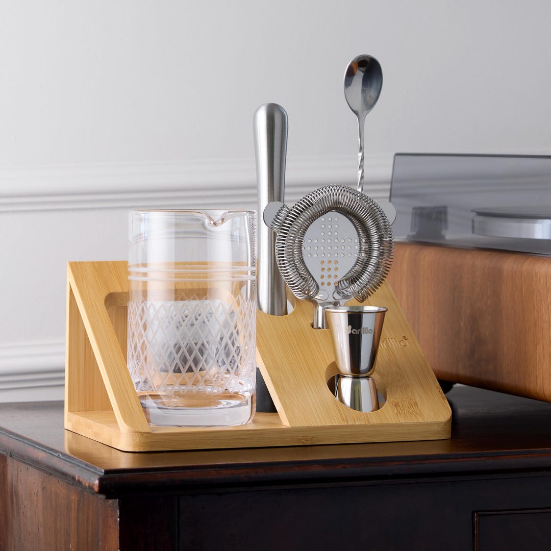 Crystal Cocktail Mixing Glass Set: Bamboo Stand, Bartender Gift - Etsy