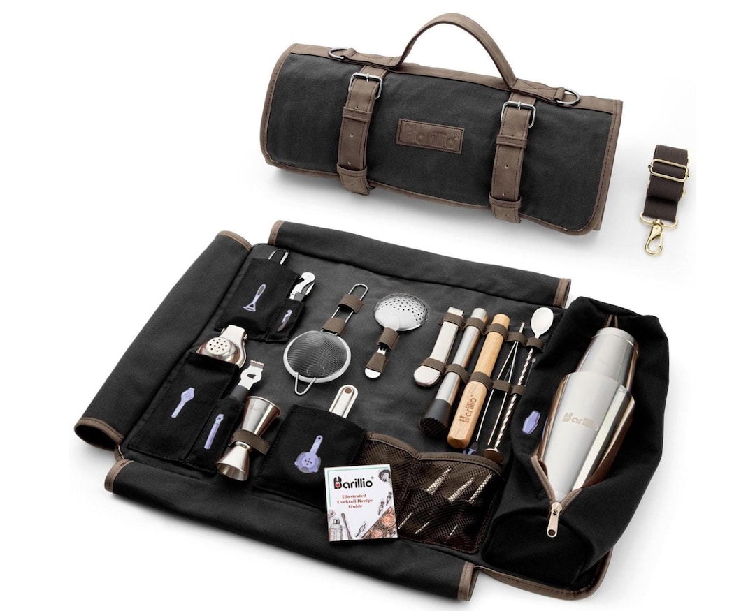 Portable Bartender Kit: 17-piece Travel Bar Set, Black Waxed Canvas ...