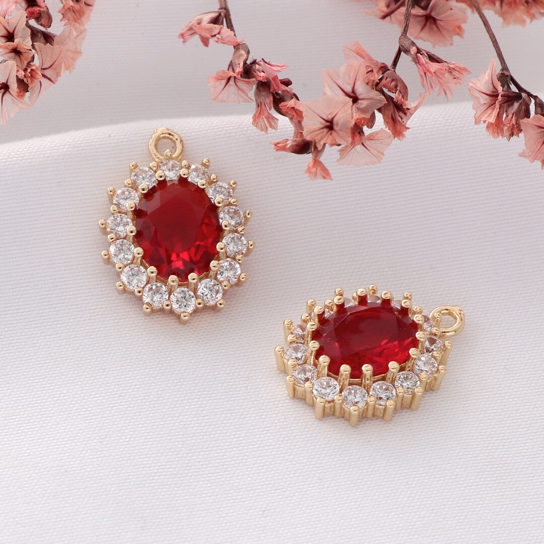 10 Red Glass Pendants: Vintage Oval Brass Jewelry Charms - Etsy