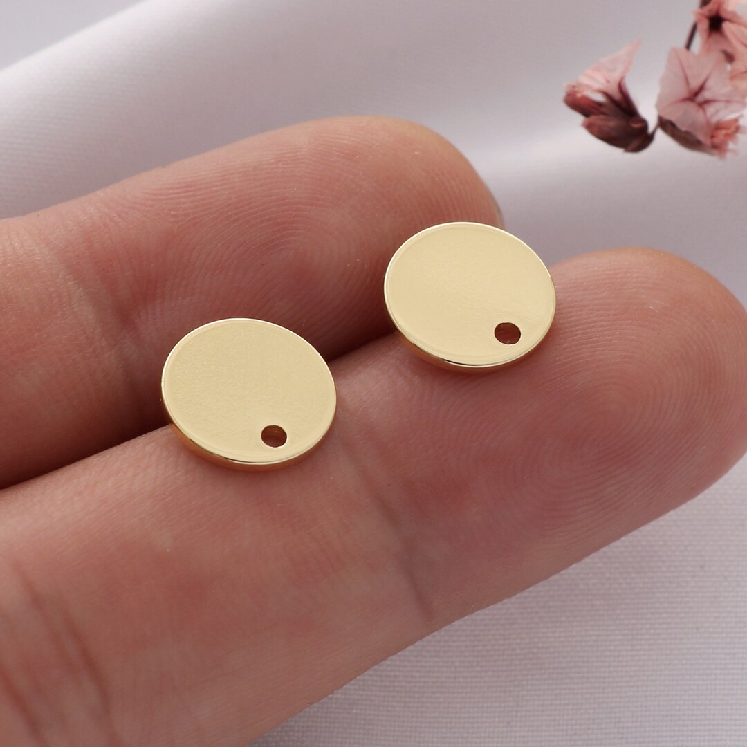 10pcs Real Gold Plated Pad Earrings , 10mm Pad Earrings, Round Ear Stud ...