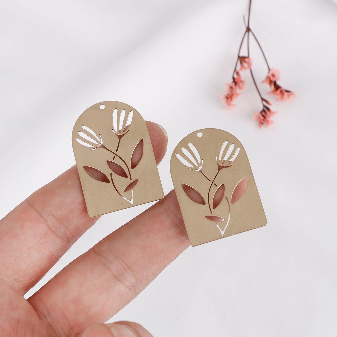 Raw Brass Double Flower Tulip Charm, Door Shape Floral Earring Pendant ...