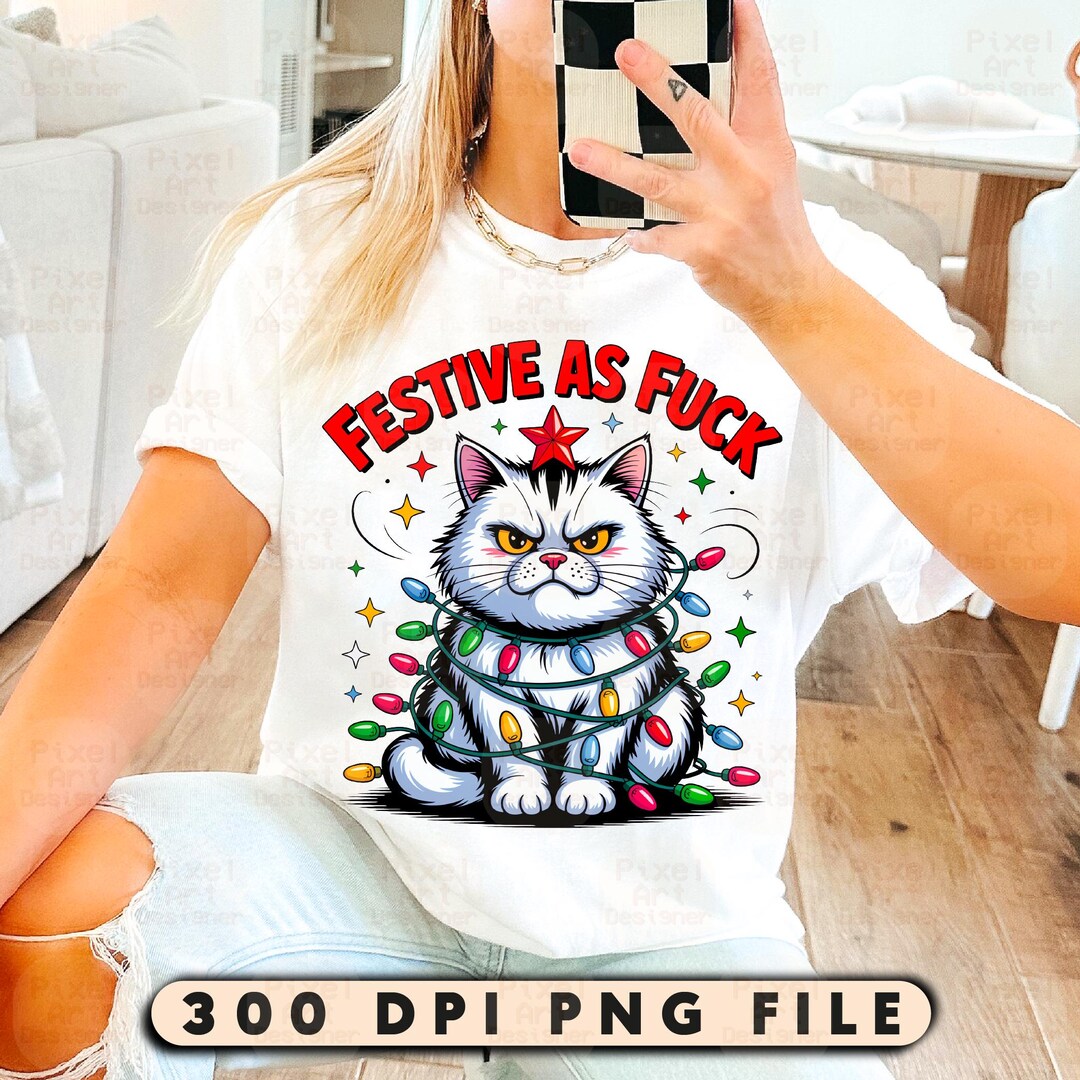 Festive Cat PNG, Angry Christmas Cat Shirt Design, Funny Xmas Lights ...