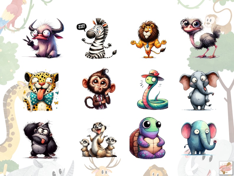 52 Cute & Funny Safari Animals Clipart Bundle, Quirky Funny Jungle ...