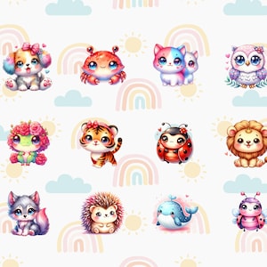 157 Cute Kawaii Baby Animals Clipart Megabundle, Watercolor Kawaii ...