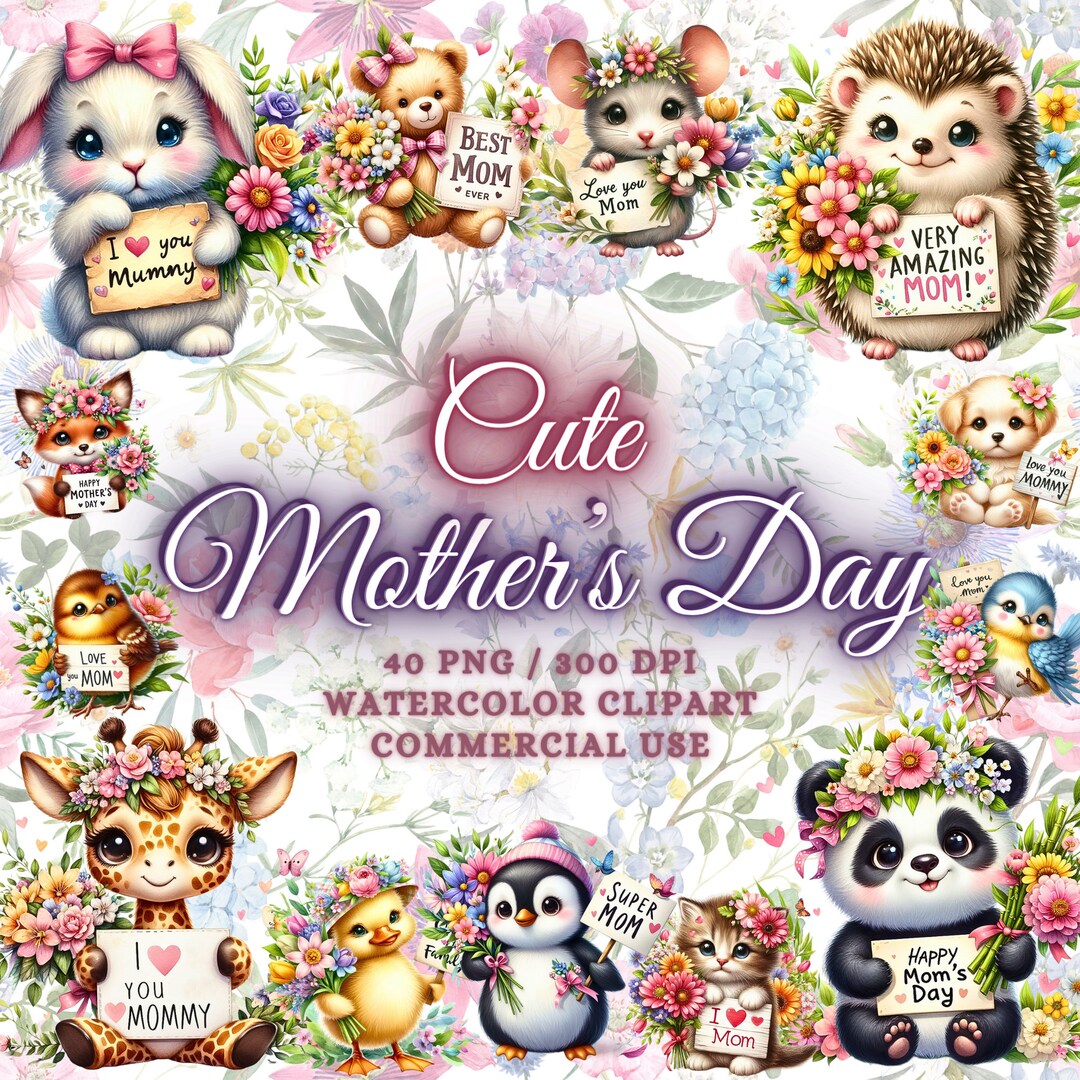 40 Watercolor Cute Animals Mothers Day Clipart Bundle, Mothers Day Png ...