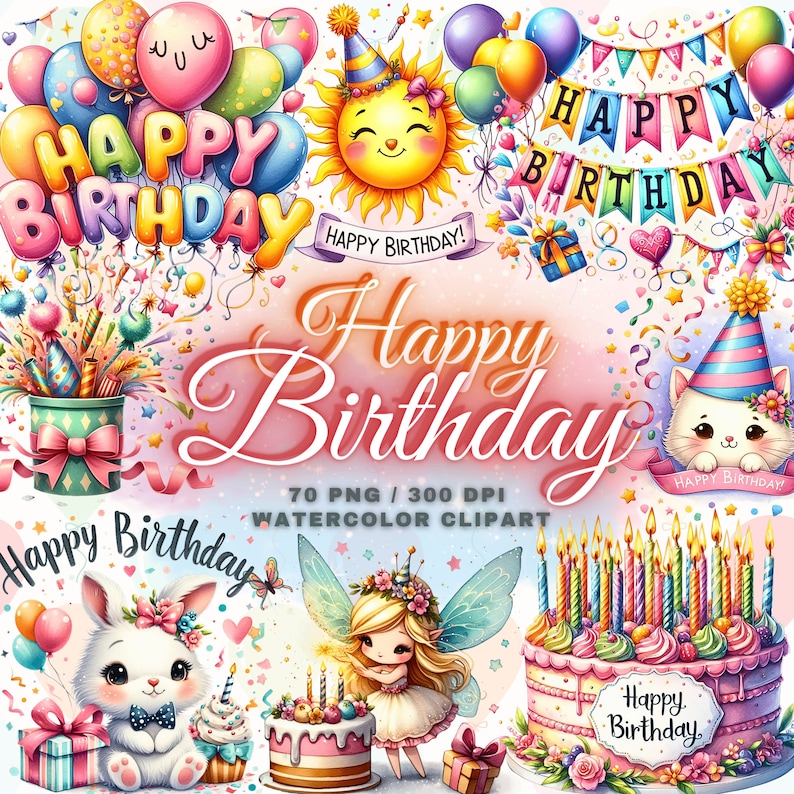 70 Watercolor Happy Birthday Clipart Bundle, Colorful Birthday Clipart ...