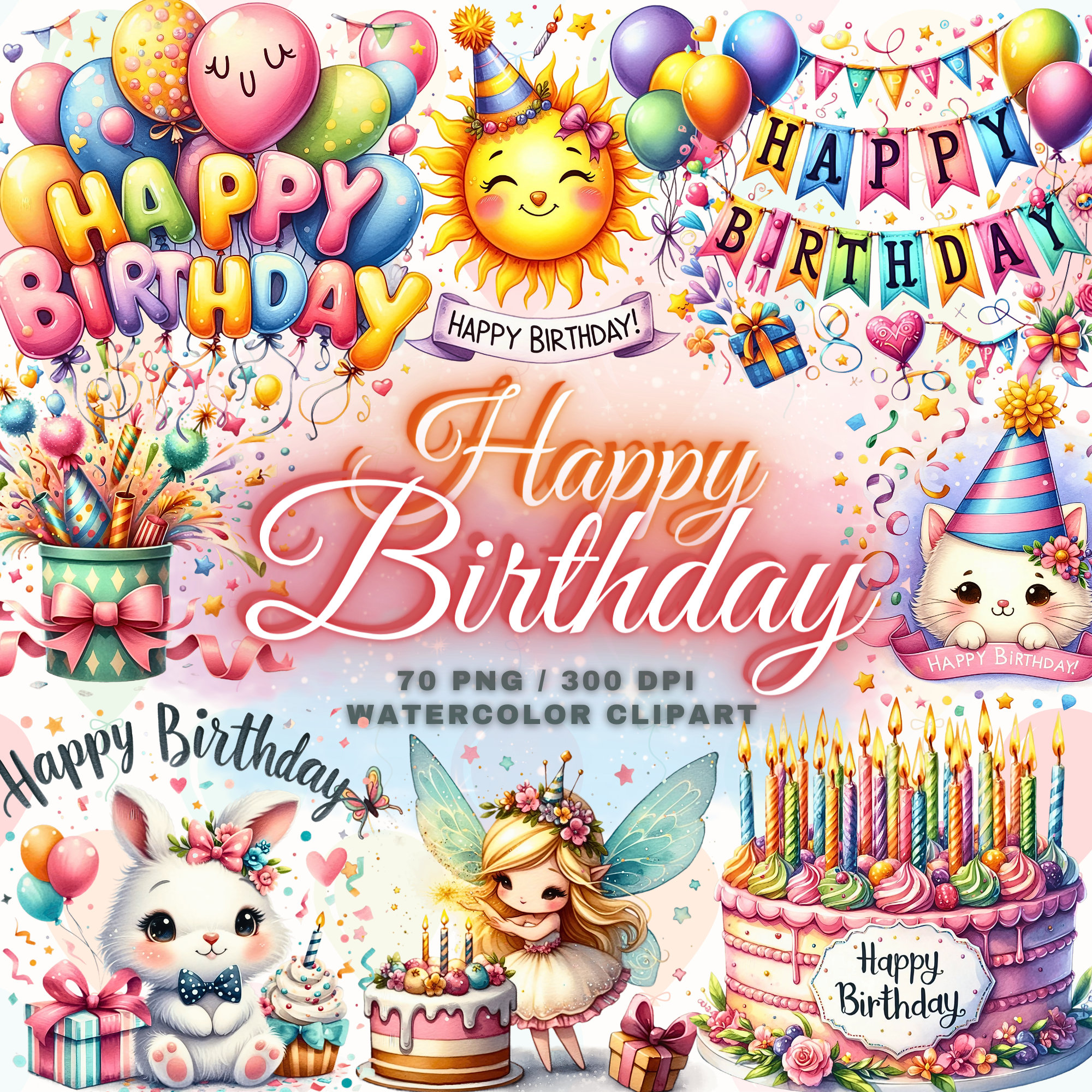 70 Watercolor Happy Birthday Clipart Bundle, Colorful Birthday Clipart ...