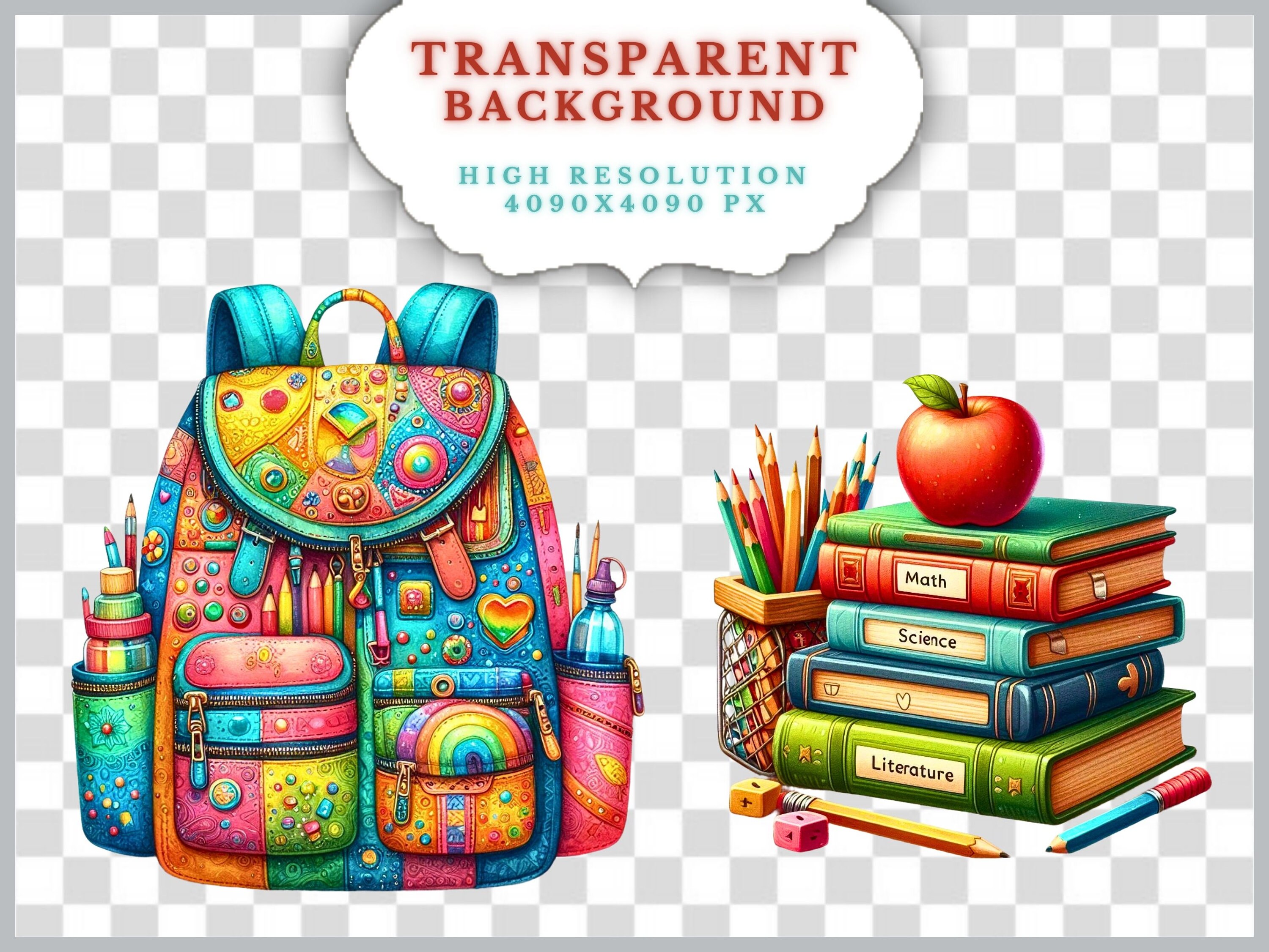 Back to School PNG Bundle, Watercolor Back to School Clipart Bundle ...