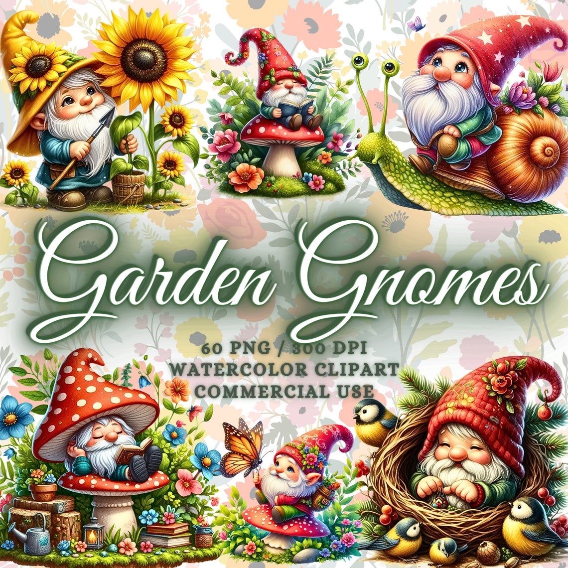 60 Cute Watercolor Garden Gnomes Clipart Bundle, Spring Garden Clipart ...
