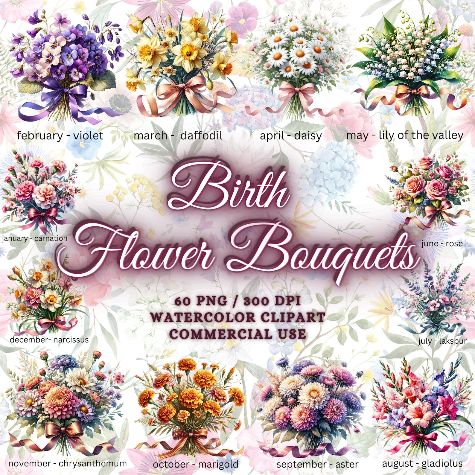 60 Watercolor Birth Month Flower Clipart Bundle, Birth Flower PNG ...