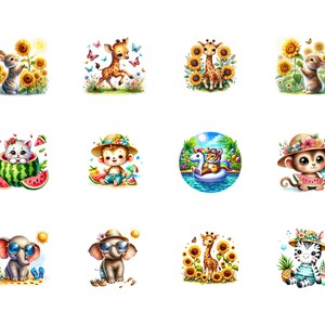 Watercolor Summer Cute Animals Clipart Bundle, Cute Summer Clipart ...