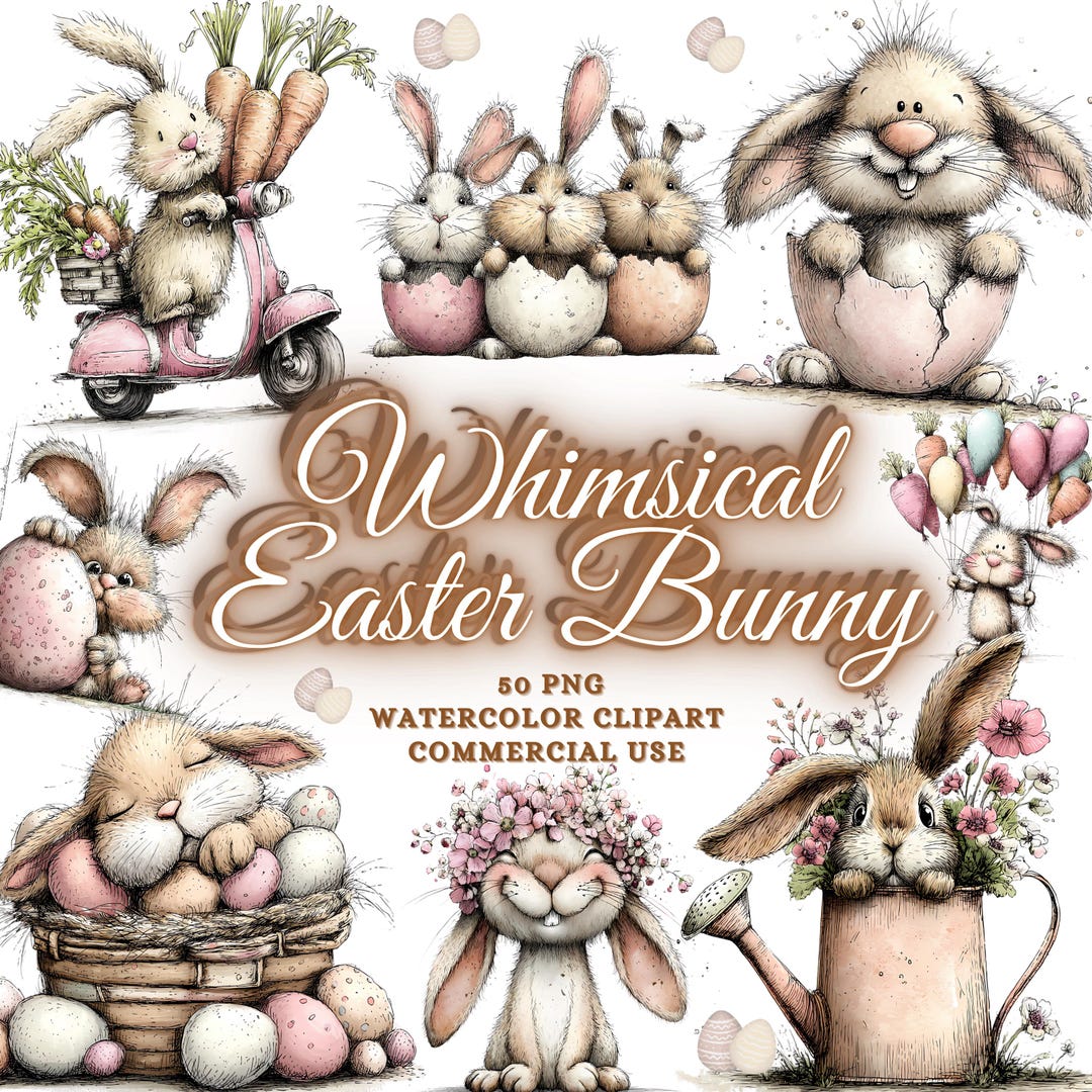 50 Whimsical Easter Bunny Clipart Bundle, Quirky Easter Bunny Png ...