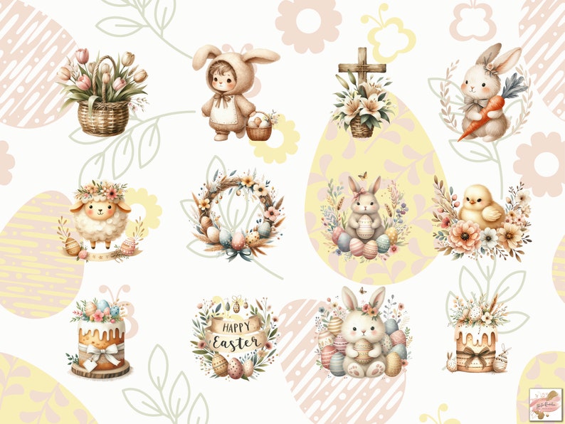 Boho Watercolor Easter Clipart Bundle, Easter Bunny, Easter Egg, Easter ...