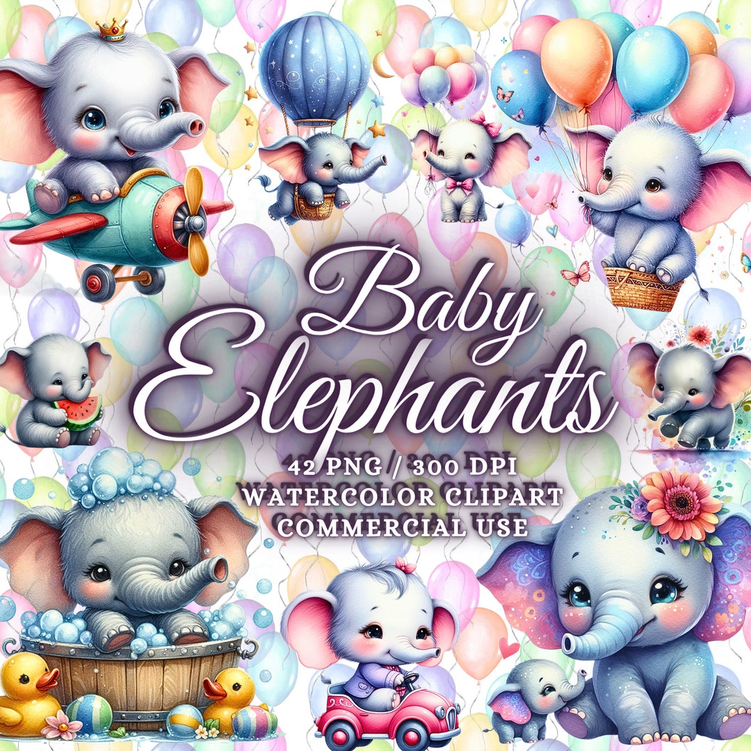 42 Cute Watercolor Baby Elephants Clipart Bundle, Cute Elephants ...