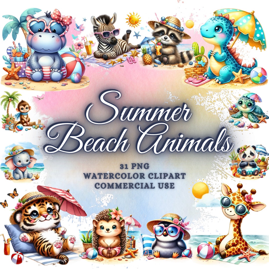 Watercolor Summer Beach Cute Animals Clipart Bundle, Summer Clipart ...