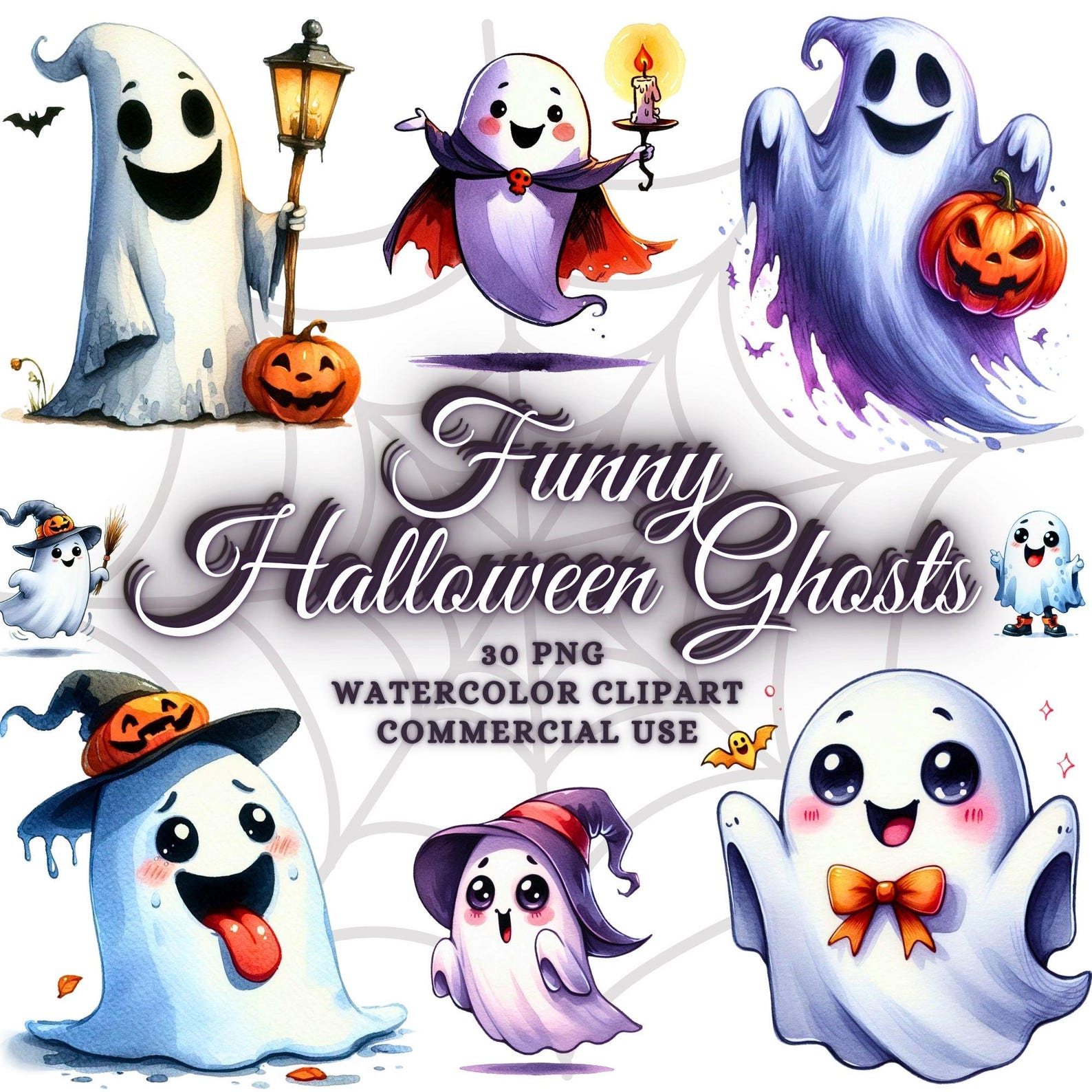 Watercolor Halloween Ghost Clipart Bundle Cute Ghost Png Cute Ghost ...