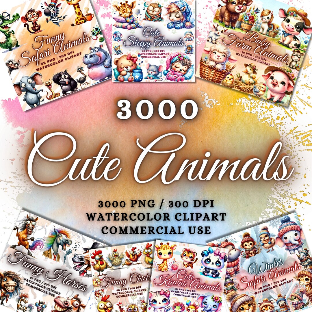 3000 Watercolor Cute Animals Clipart MEGA BUNDLE, Baby Animals Clipart ...