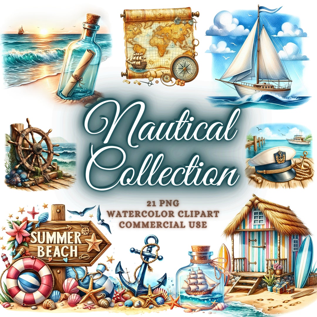 Watercolor Nautical Collection Clipart, 21 PNG, Beach Clipart, Travel ...