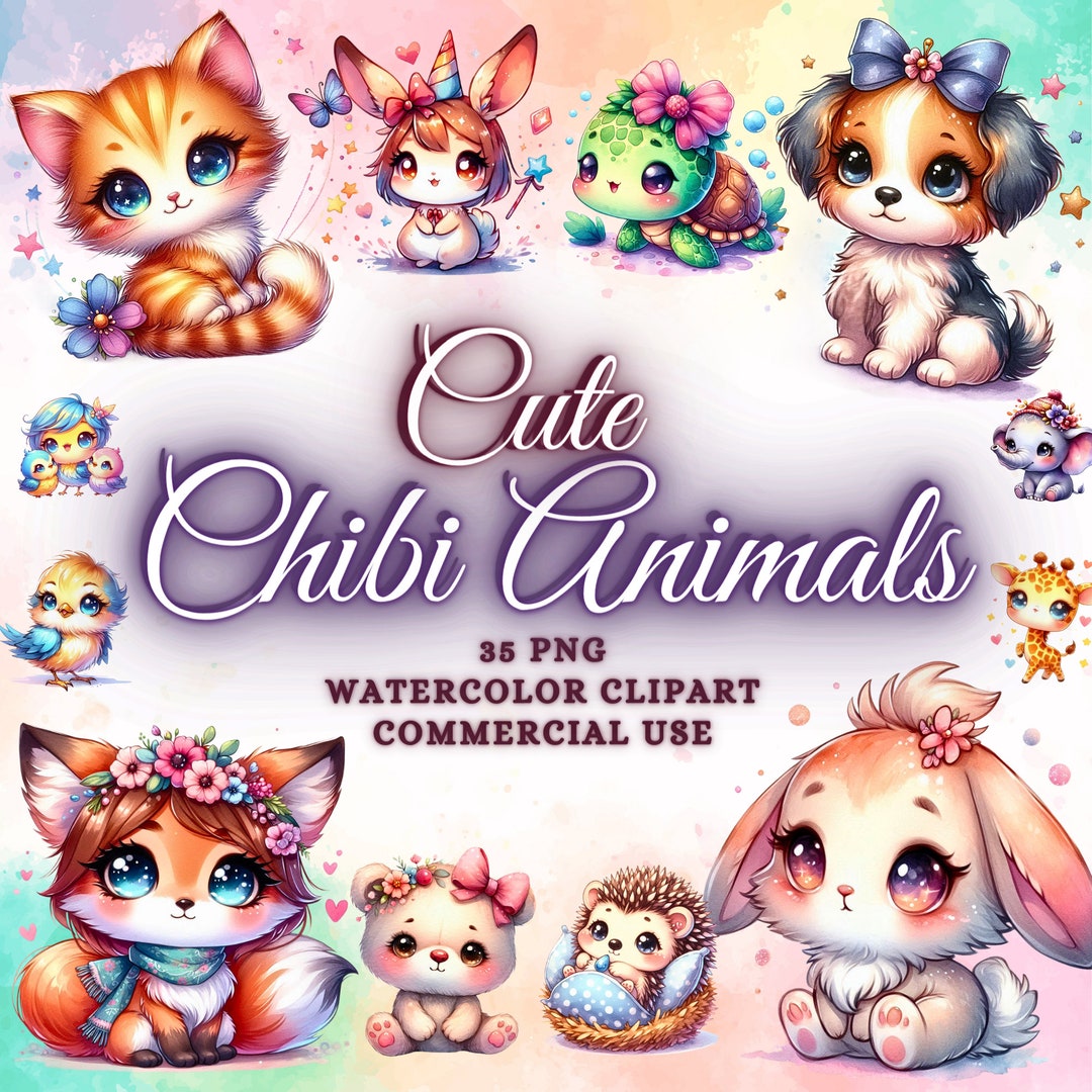 35 Cute Watercolor Chibi Animals Clipart Bundle, Cute Chibi Clipart ...