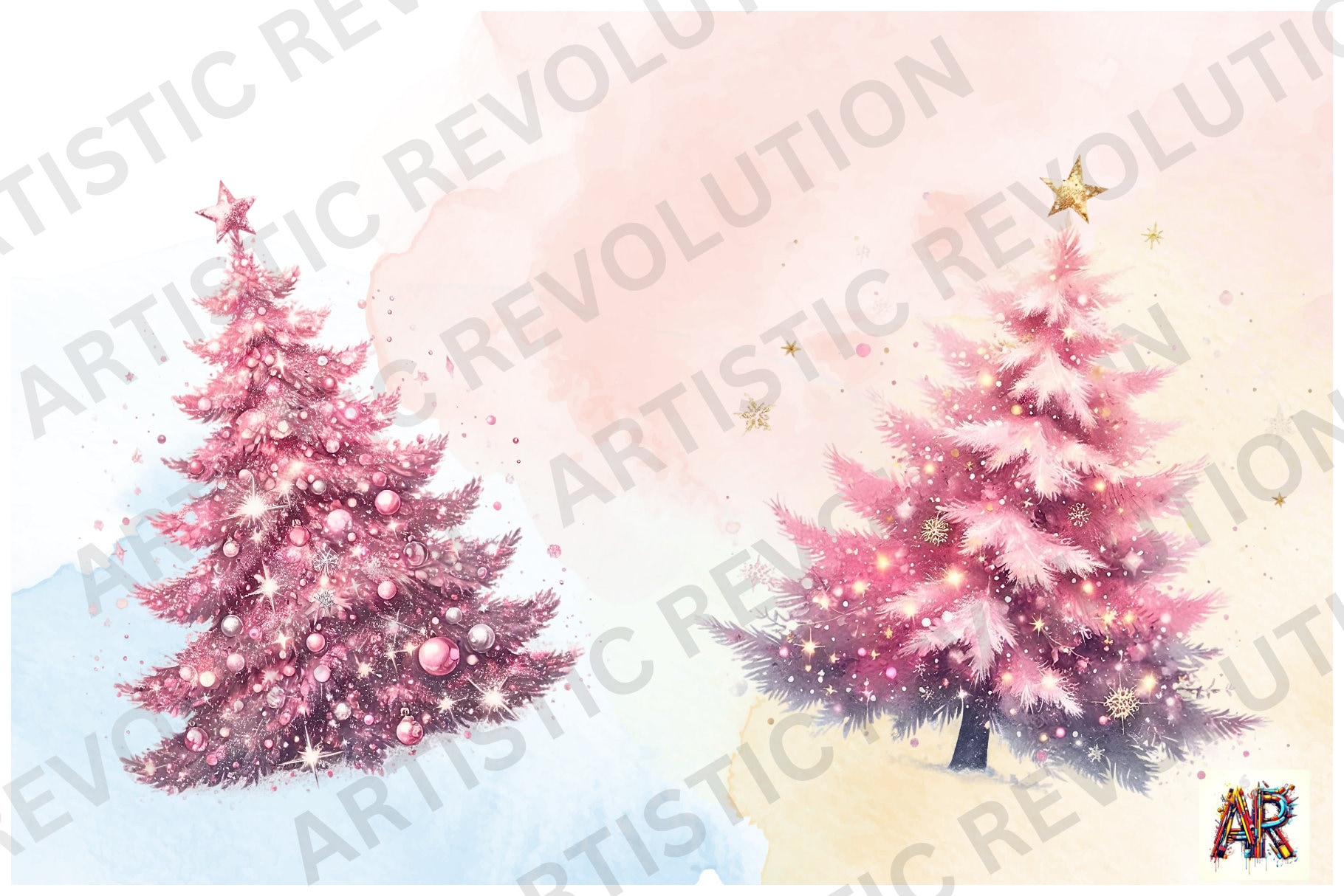 Pink Christmas Tree Clip Art Watercolor Christmas Trees Clipart Painted ...