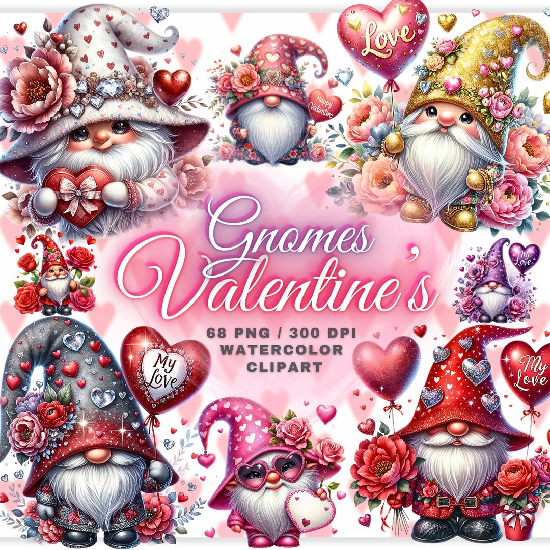 67 Watercolor Valentines Gnomes Clipart, Valentines Gnomes Bundle ...