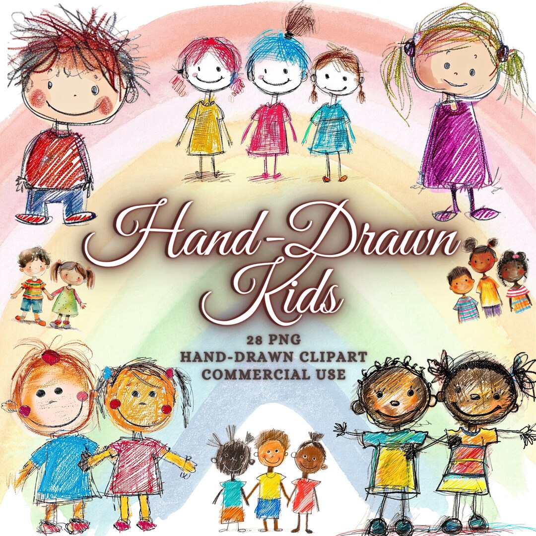 28 Cute Hand-drawn Watercolor Children Clipart Bundle, Children Clipart ...