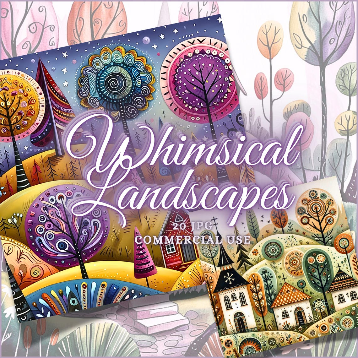 Whimsical Landscape Clip Art Bundle, Whimsy Watercolor Clipart, Fantasy ...